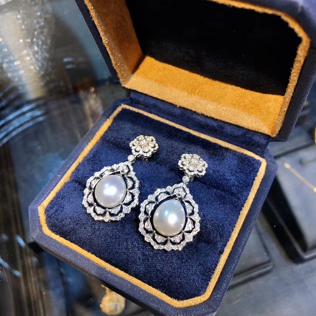 10-11mm南洋水滴澳白巴洛克海水珍珠耳坠18k白金蕾丝耳环耳钉-Taobao Malaysia