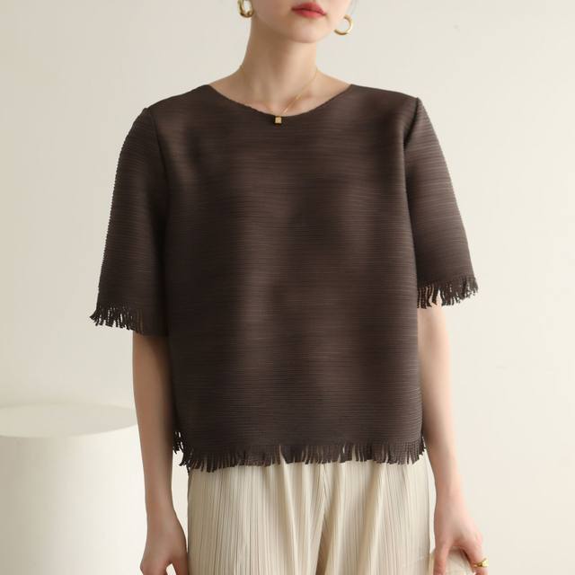 High-end tassel pleated round neck top for women 2025 summer style ...