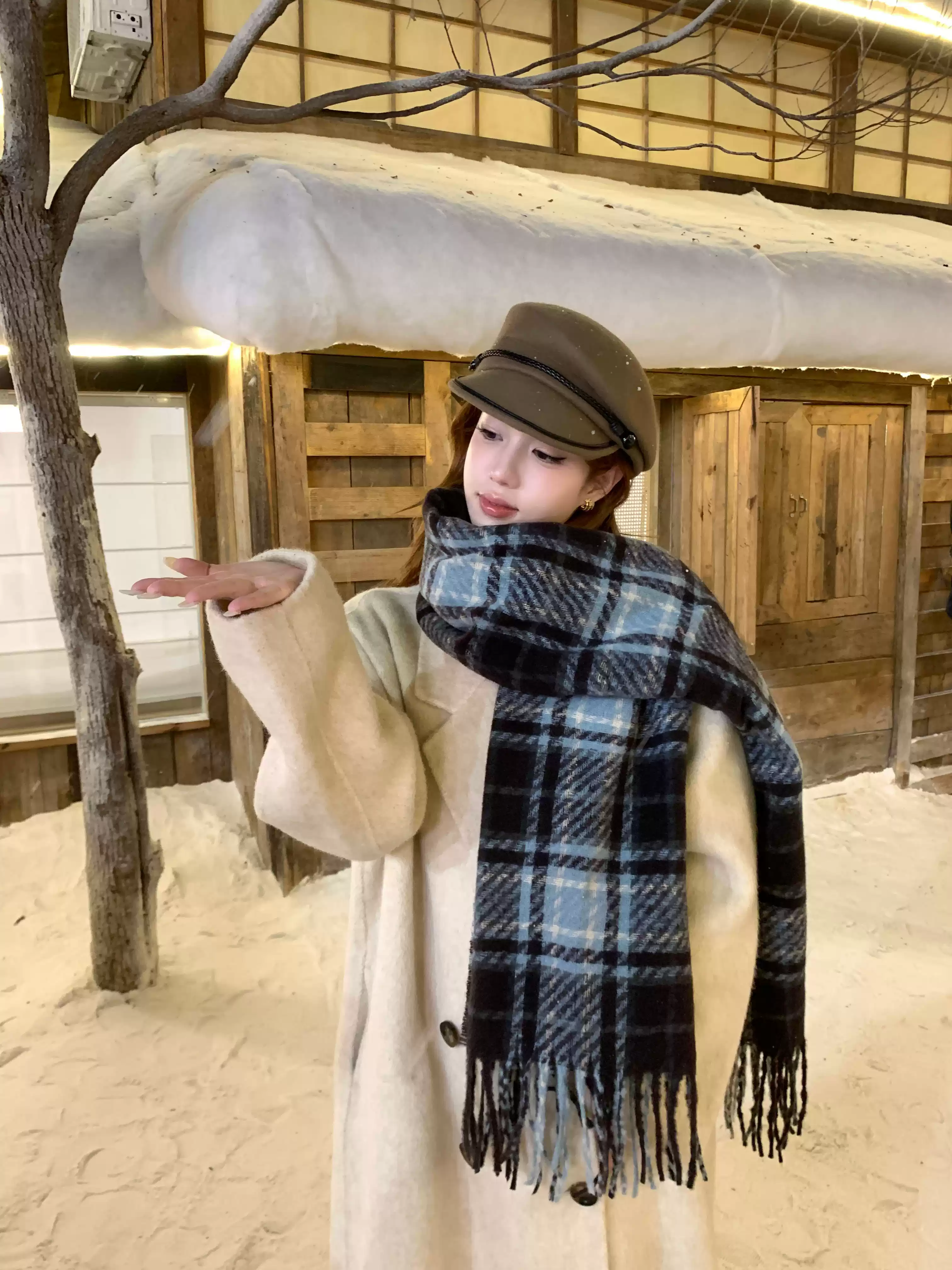 【蜜桃茶】氛围感蓝色千鸟格子围巾女冬季时髦保暖厚实配大衣围脖