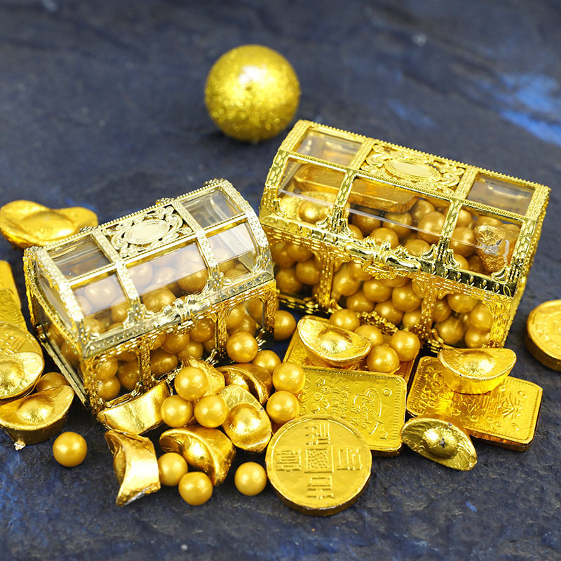 Golden transparent treasure box decoration birthday cake ingot gold ...