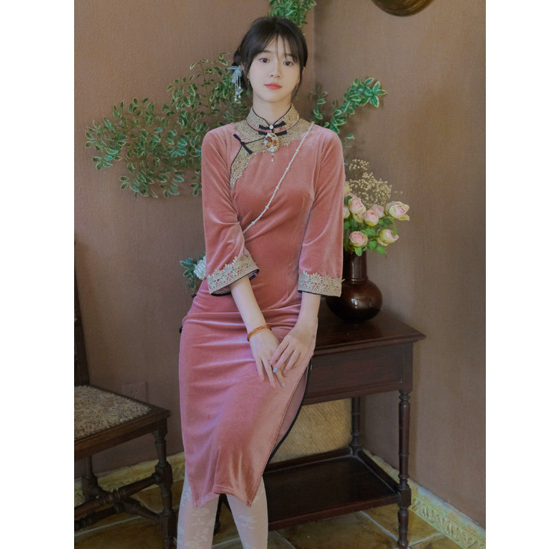 浪漫酒心金丝绒老上海宽花边中式改良国风旗袍连衣裙秋冬-阿里巴巴