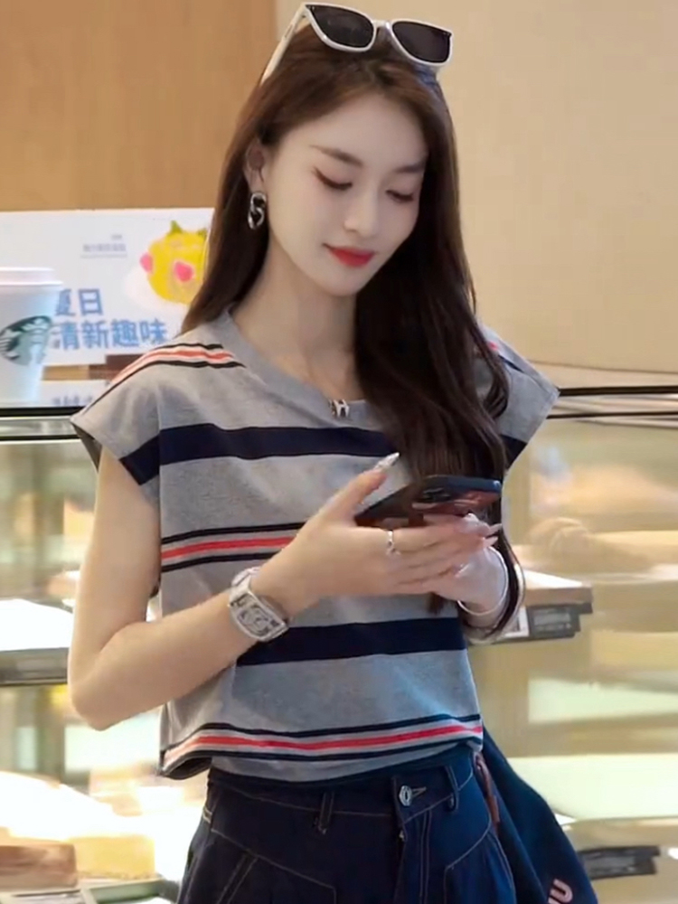 復古條紋1/4吋套筒扳手袖T恤女夏季2024年新款小個子九分直筒牛仔褲兩件套-Taobao