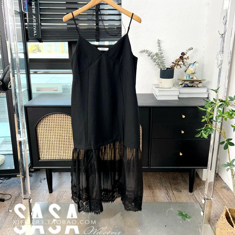 韓國進口2025春款PH23黑色性感吊帶透明拼紗蕾絲下擺長版洋裝-Taobao