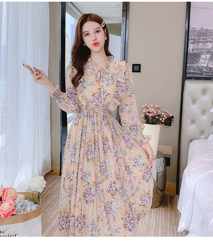 Jual Musim semi warna terang gaun cetak retro manis daun teratai kerah ...