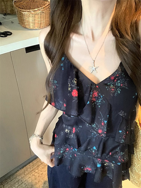 Holiday style irregular ruffled floral suspender vest for women in ...