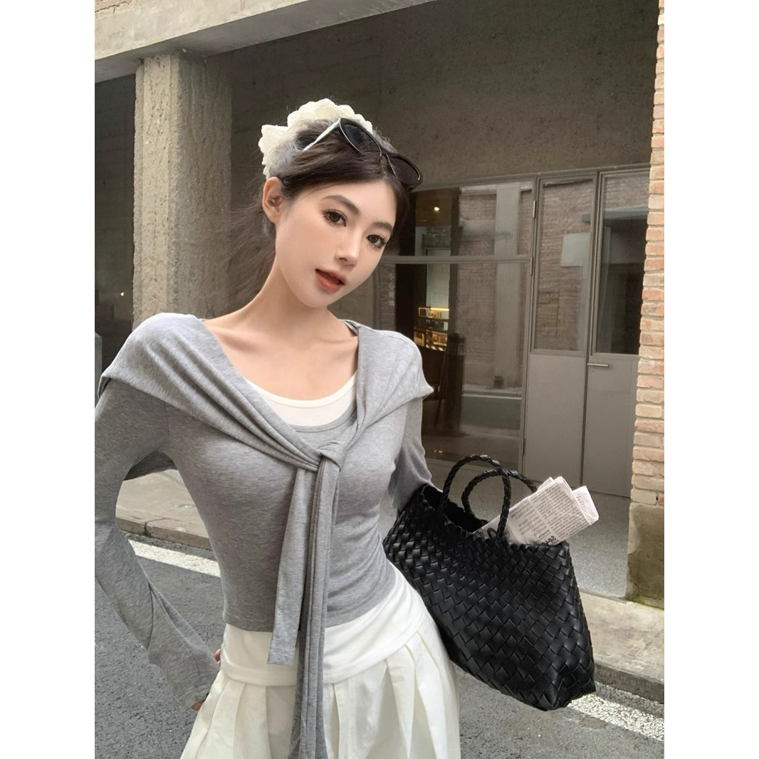 復古miu系假兩件撞色長袖T恤女春季修身短款內搭漂亮減齡百搭上衣-Taobao