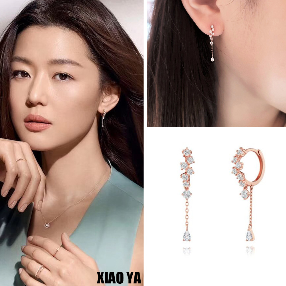 韓國免稅 代購 Stonehenge 全智賢同款 14k玫瑰金 鋯石 鏈條 耳環-Taobao