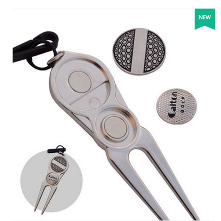 New golf divot repair tool with dual round coins and mark function ...