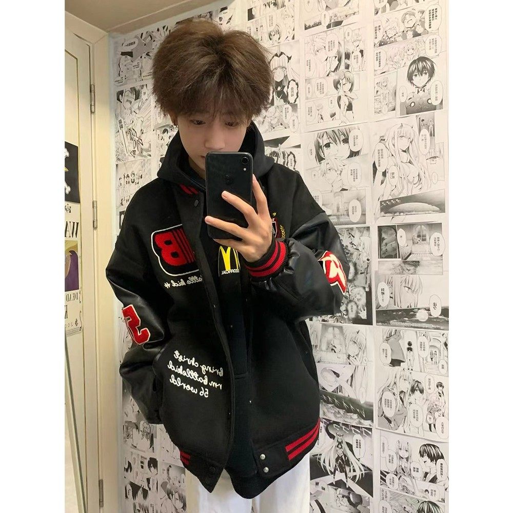 🍁 2023 fall must-have! embroidered badge patchwork color block baseball ...