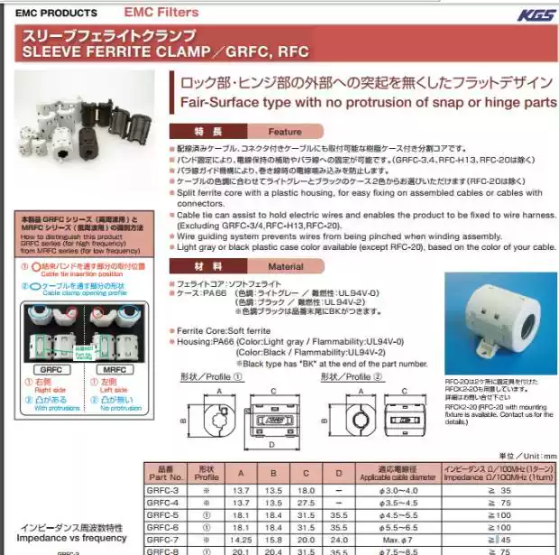日本北川磁环 KGS磁环 GRFC-10扣式抗干扰滤波磁环内孔9.8-10.8mm