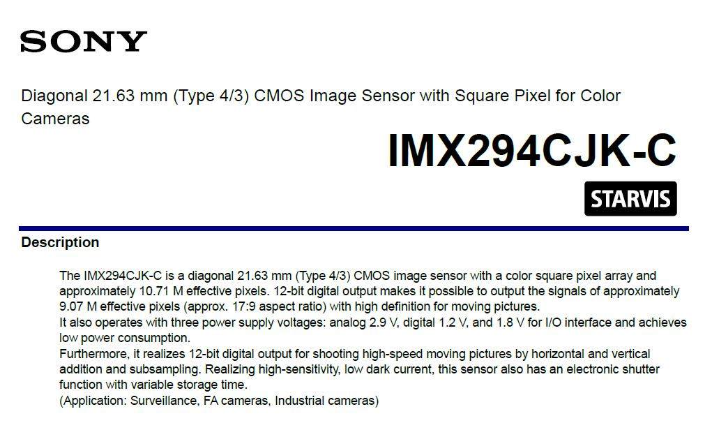 适用于SONY 索尼 IMX294CJK-C datasheet IMX294 资料手册 文档