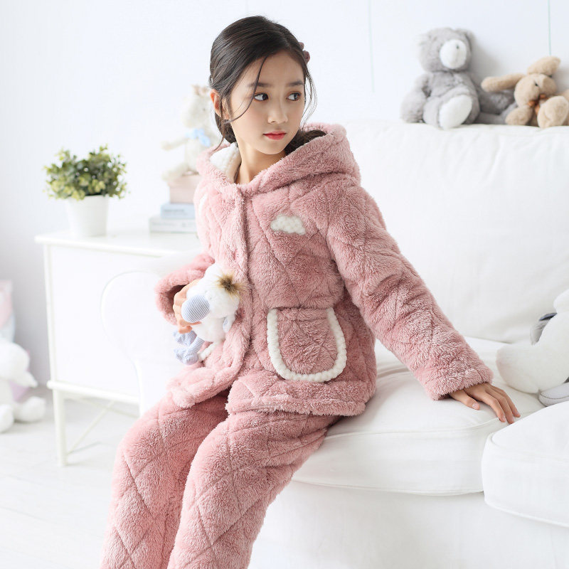 Children's pajamas girls ' winter coral velvet thickened padded autumn ...