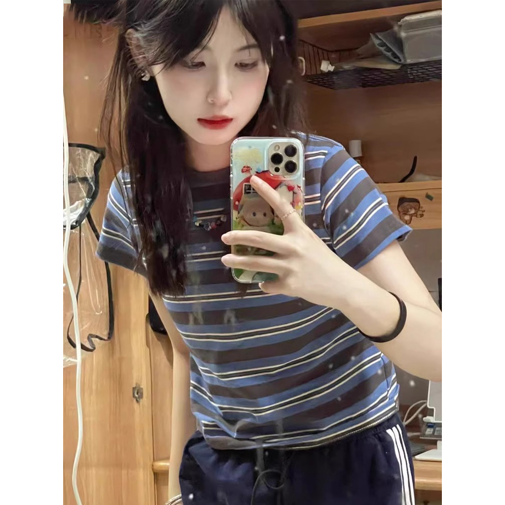 韩系超显瘦条纹短袖t恤女装2025年新款夏季正肩大码撞色宽松上衣-Taobao