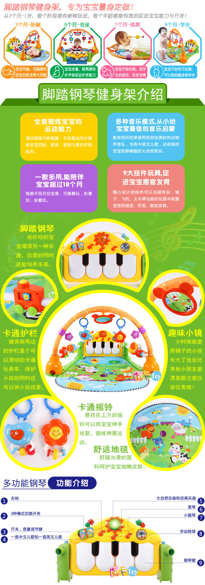 Купить Гимнастический тренажер для детей 贝恩施婴儿脚踏钢琴音乐健身架器 婴幼儿玩具游戏毯婴儿玩具0 ...