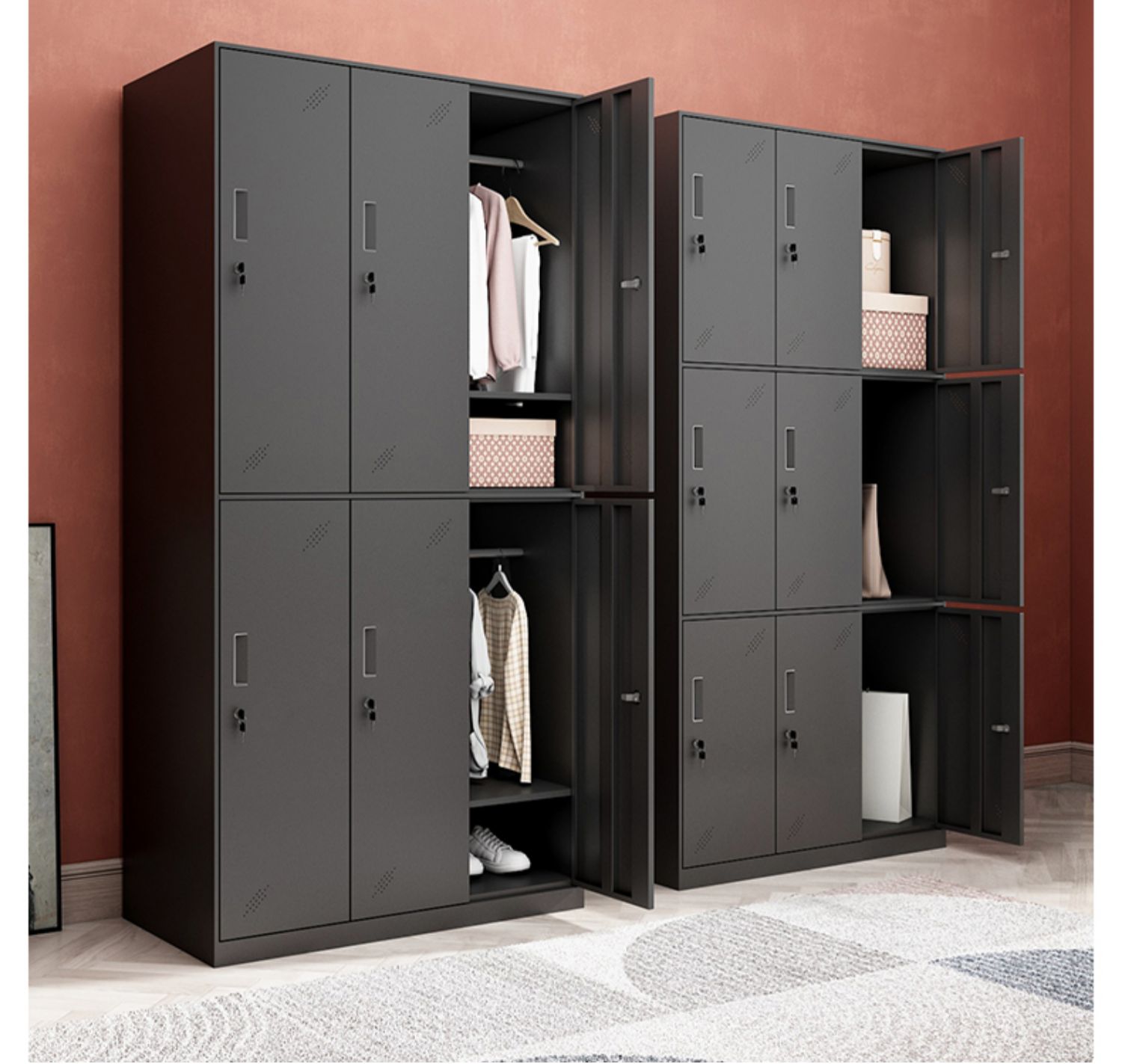 黑色更衣柜员工宿舍铁皮储物柜带锁加厚收纳柜健身房更衣室换衣柜-阿里巴巴