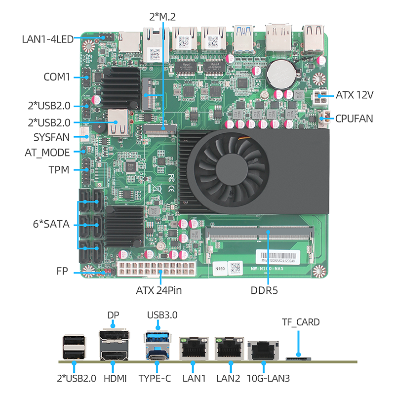 N150 N305 Six-Bay Nas Motherboard 10g Network Card 2 2.5g/1 10g/2 M.2 Interface