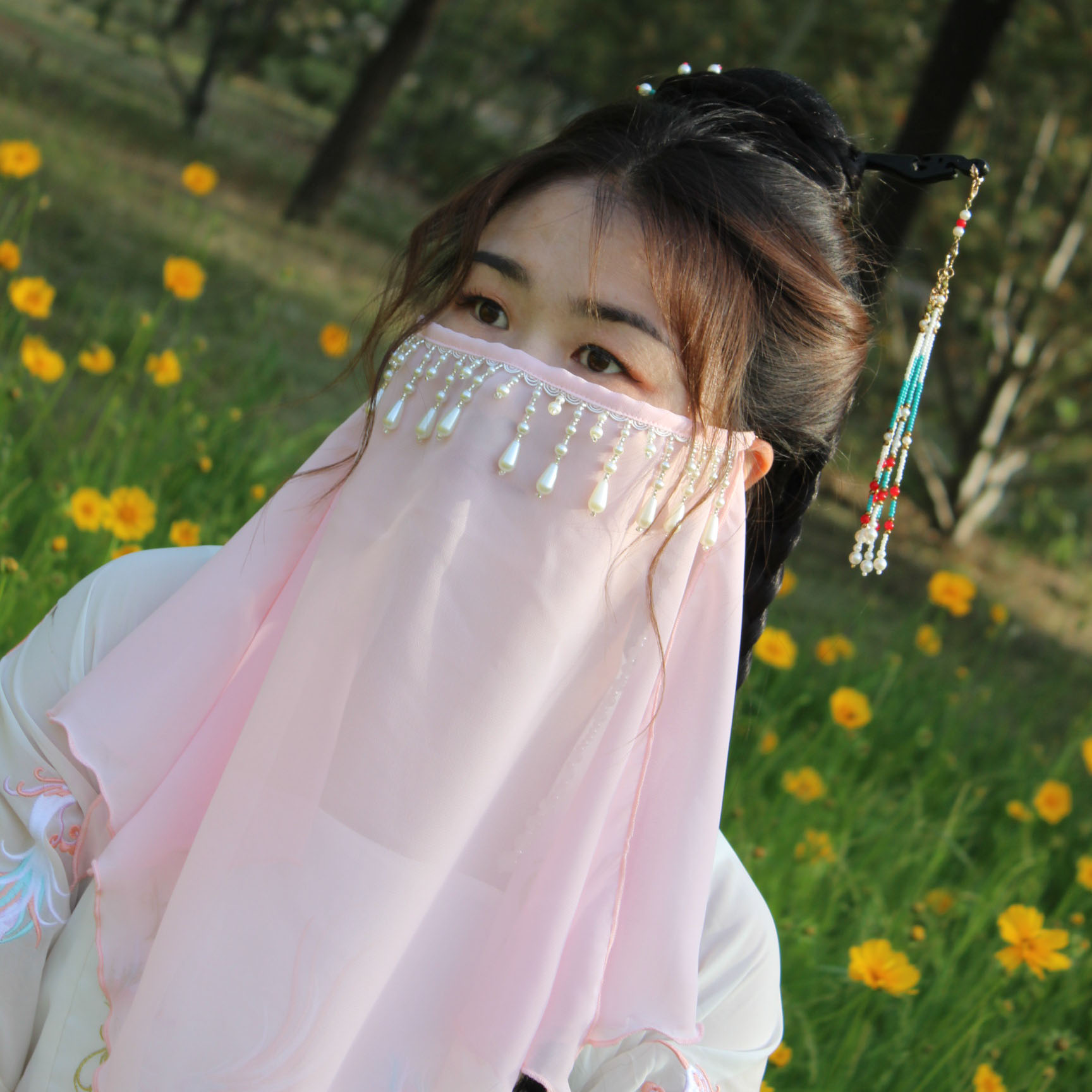 绛尾儿 汉服面罩挂耳古风遮面纱古装仙女主播仙气挂耳遮脸面帘-Taobao