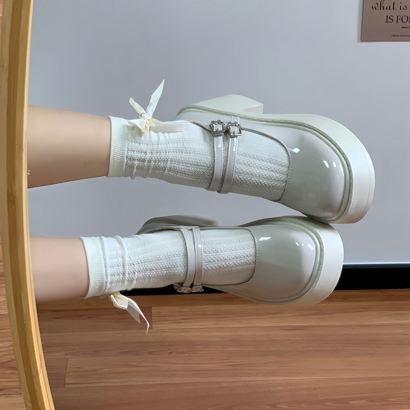 白色玛丽珍鞋女厚底圆头小皮鞋2024春季百搭日系jk制服鞋粗高跟单-Taobao Malaysia