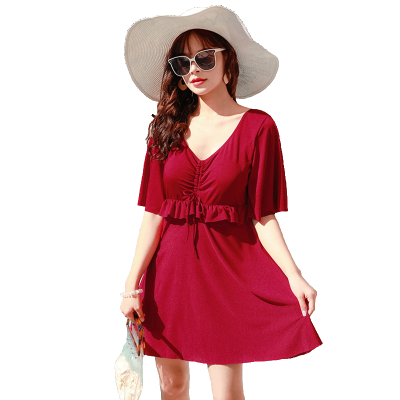 百雅大尺碼泳衣女160斤溫泉胖mm純色大胸連身裙式遮肉顯瘦度假泳裝-Taobao