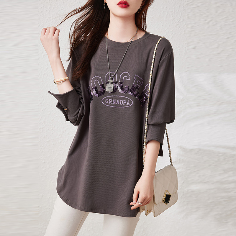 中长款长袖卫衣t恤女宽松2023新款秋装打底衫大码胖mm遮肚子上衣-Taobao