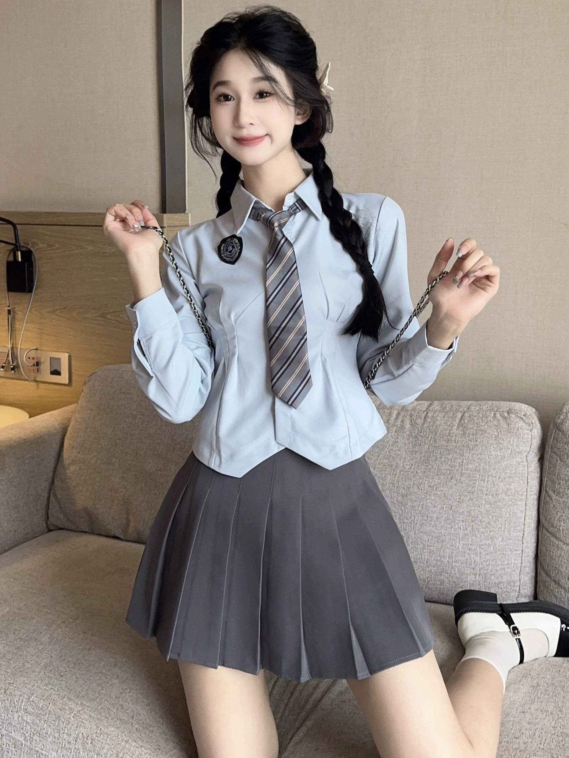 jk收腰衬衫女长袖辣妹百褶裙制服套装百搭修身显瘦日系学院风-Taobao