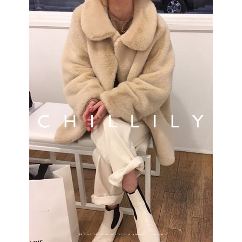 CHILLILY2023冬季新小白熊宽松时尚保暖休闲翻领中长款仿皮草大衣-Taobao