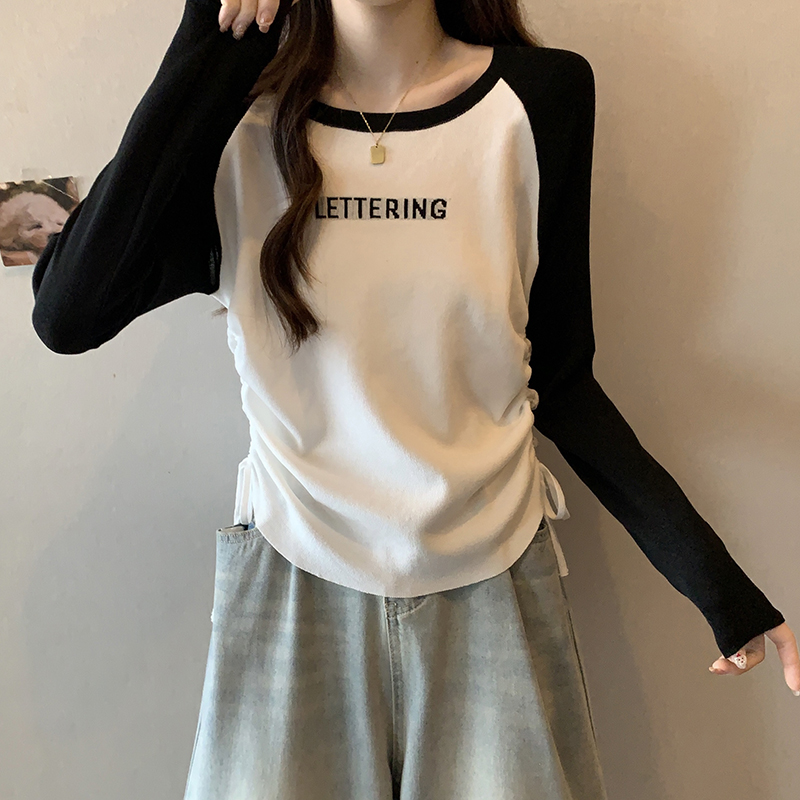 拉夏貝爾大尺碼長袖T恤女早秋顯瘦打底胖mm休閒寬鬆設計感抽繩上衣-Taobao