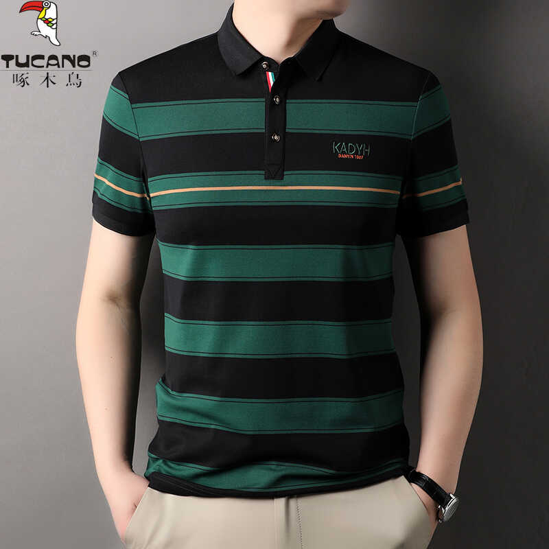 啄木鳥夏季冰絲短袖T恤男桑蠶絲翻領條紋polo衫中年寬鬆大尺碼半袖-Taobao