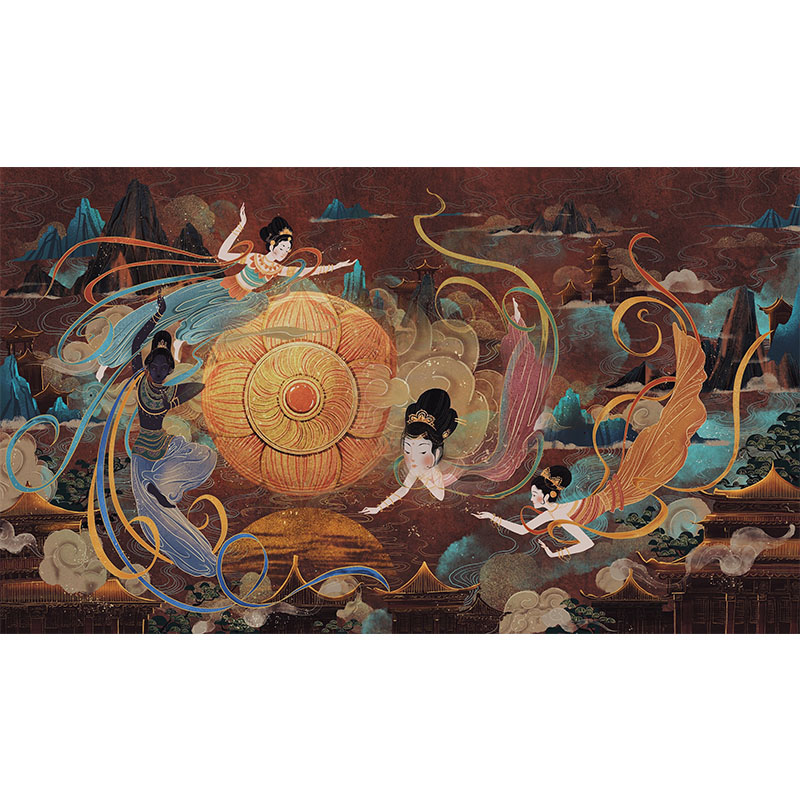[USD 6.88] Chinese Hand Painted Vintage Abstract Dunhuang Flying Sky Character Wallpaper Living ...