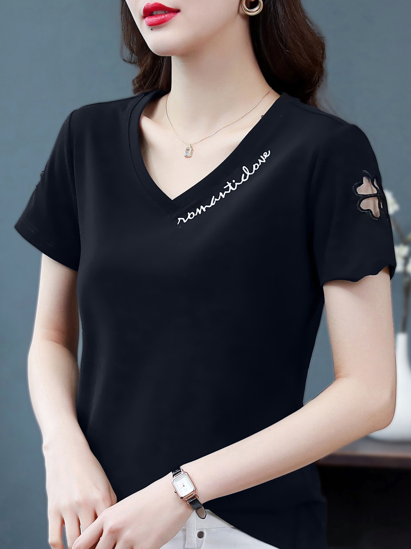 娜尔思正品黑色纯棉短袖t恤女夏季v领时尚休闲修身洋气体恤上衣小-Taobao