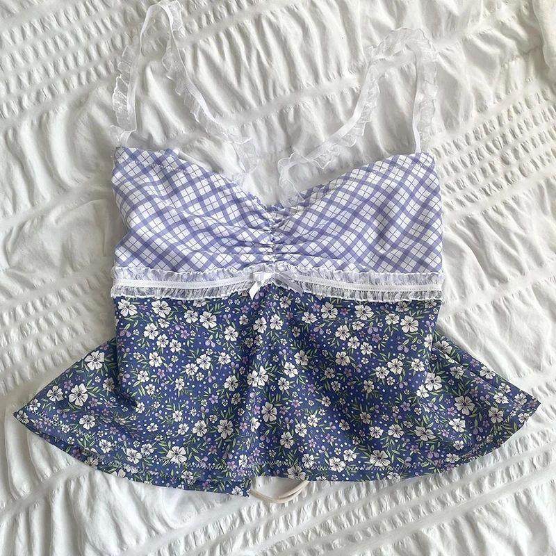 Plaid Floral Print Milkmaid ops 00s Retro Coquette Camis Fai