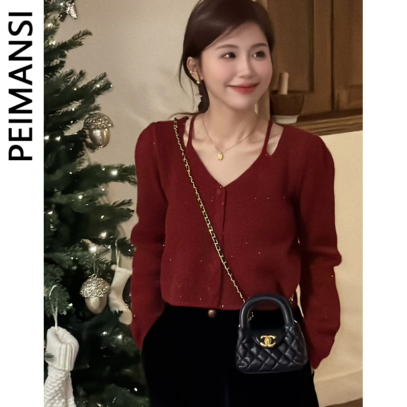 大码设计感纯欲红色圣诞毛衣针织衫女秋冬微胖mm遮肉显瘦百搭上衣