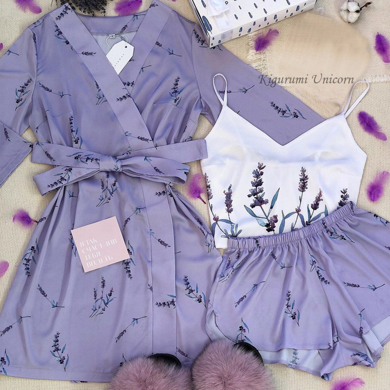Floral printed sleepwear silk robe suit women satin pajamas: sleep with ...