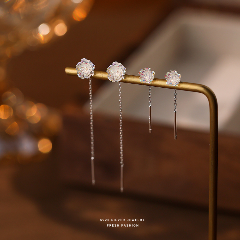 幻彩白玫瑰花耳鍊女s925純銀輕奢高級感甜美流蘇耳針優雅氣質耳飾-Taobao