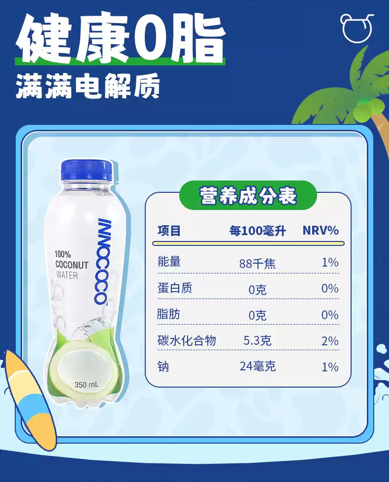 INNOCOCO泰国原装进口纯椰子水 350ml*12瓶箱装 NFC非浓缩还原电解质饮料 天然椰子水饮品