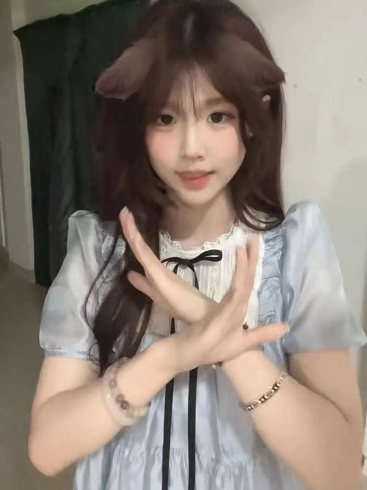 蓝色甜美学院风连衣裙女学生2024夏季新款设计感宽松显瘦短裙ins-Taobao