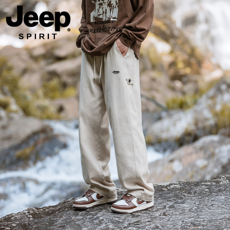 JEEP纯棉休闲裤男春秋季潮牌拼接设计感工装宽松直筒运动裤子男款-Taobao