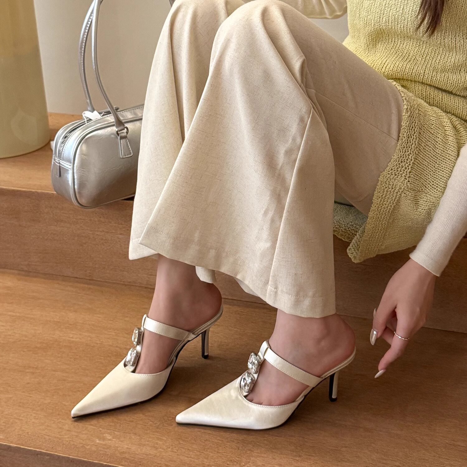 Satin Pointed Toe Elegant Rhinestone High Heels Women's 2025 Spring New ...