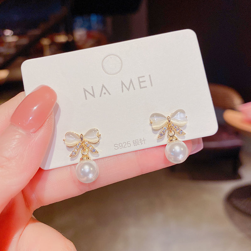 925银针韩国剔透猫眼蝴蝶结挂珍珠吊坠耳钉 温婉小巧短款耳坠耳饰-Taobao
