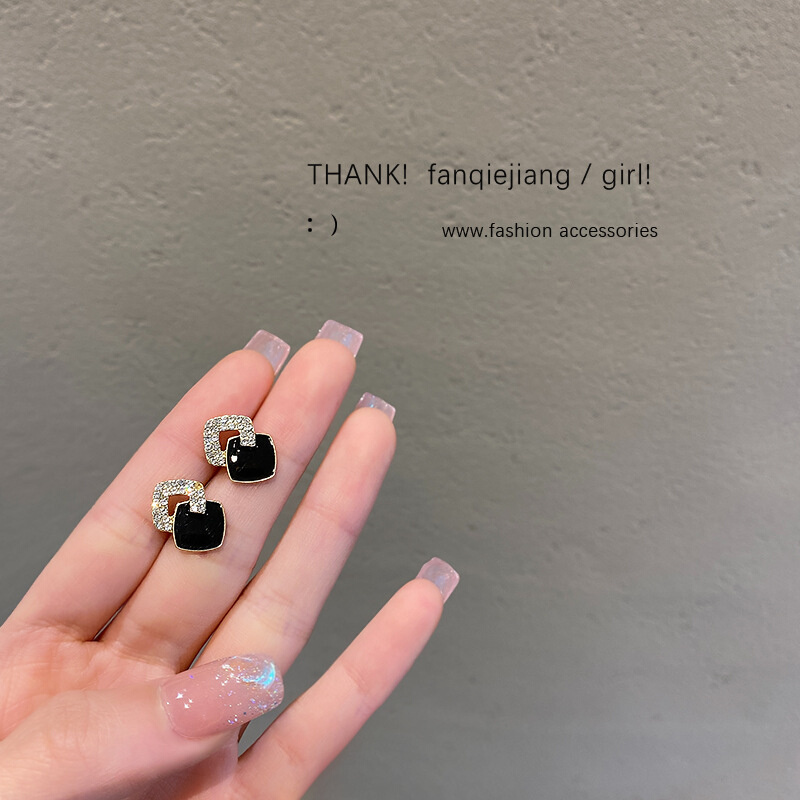 韩版925银针滴油黑色耳钉女时尚个性几何满钻耳环高质量气质耳饰-Taobao