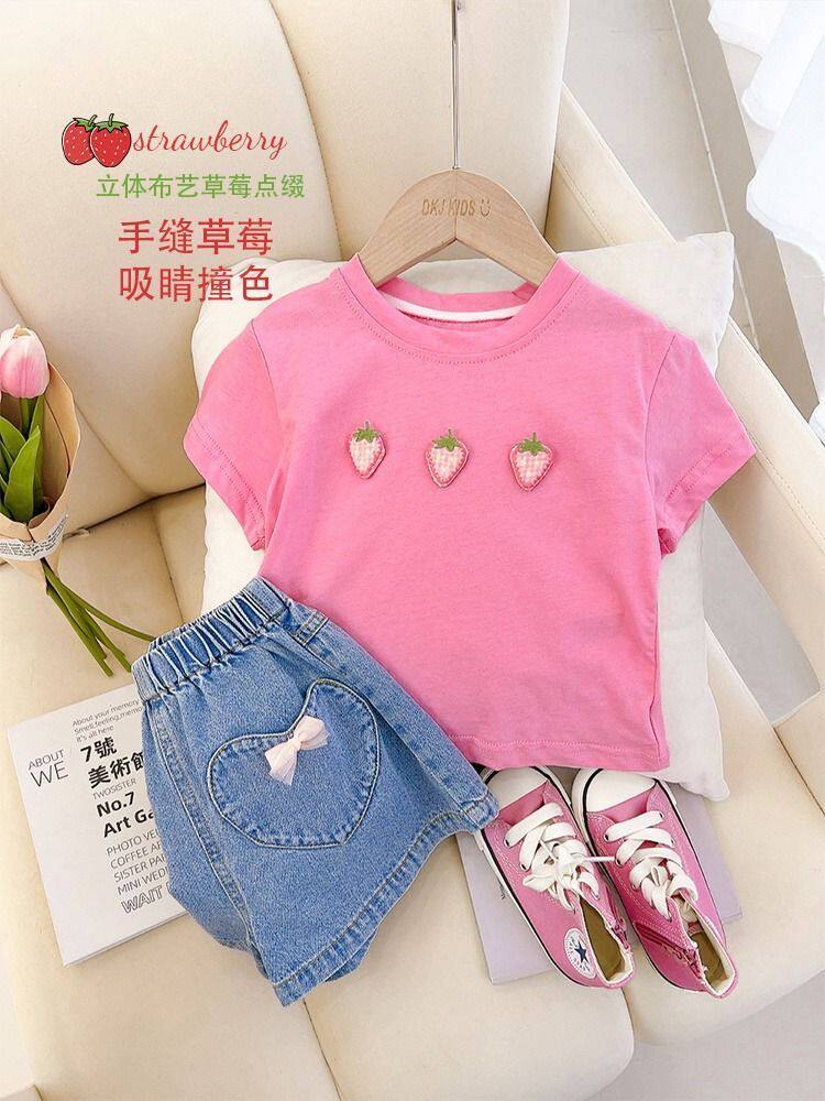 Girls T-shirt summer 2024 new children's denim shorts two-piece set ...