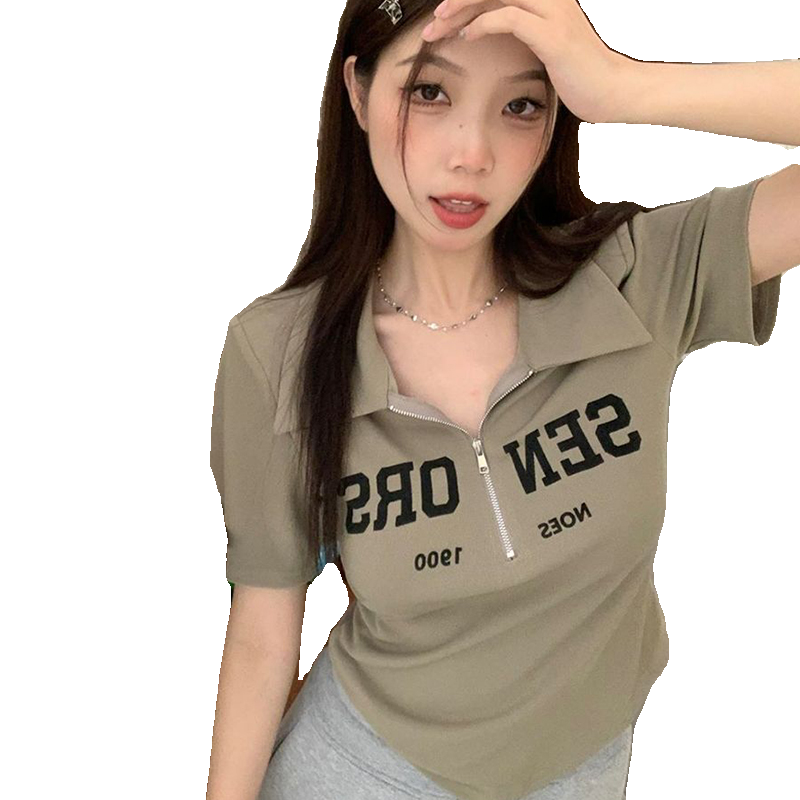 收腰休閒時尚T恤短袖2024新款夏季上衣遮肉POLO領胖妹妹女裝字母-Taobao