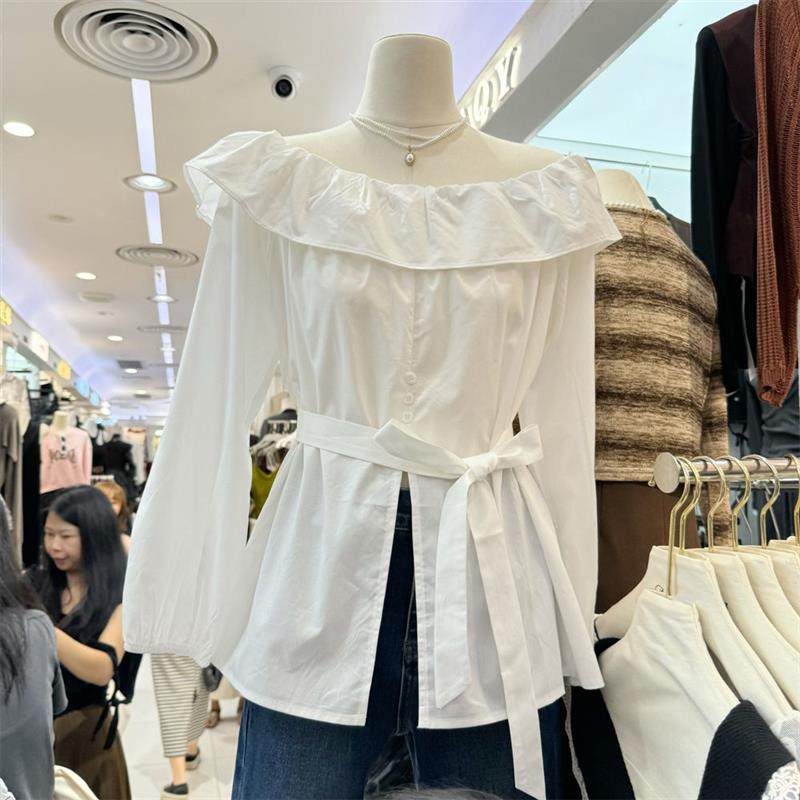 十三行秋季新品温柔风荷叶边一字肩开衩排扣衬衣百搭长袖小众上衣