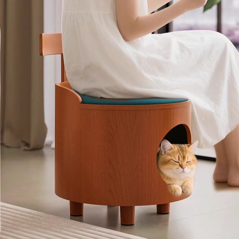 Human-cat co-existing pet stool & cat bed review | enclosed design ...