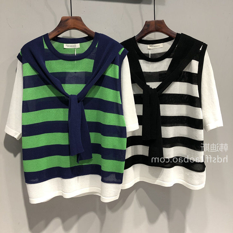 夏装胖mm2-300斤大码冰丝针织条纹宽松假两件披肩短袖上衣女ins潮-Taobao