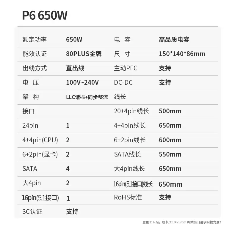 长城电源650W金牌全模组P6/X6/G6 750W台式机主机电脑电源500W