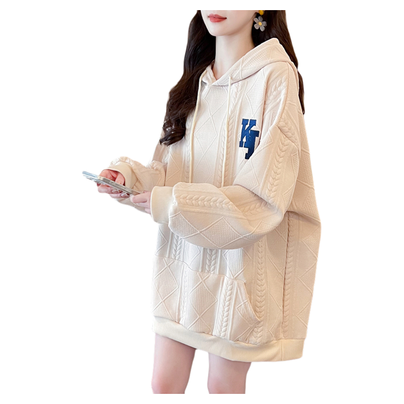 華夫格春秋薄款厚棉T女大尺碼外套韓版寬鬆顯瘦刺繡洋派百搭時尚胖mm-Taobao