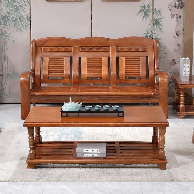 Full solid wood sofa combination modern simple wood three-person seat ...