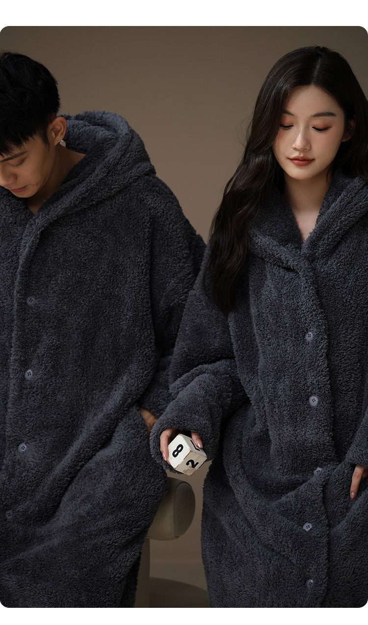 「加厚加絨」情侶開衫連帽睡袍一男一女可外穿珊瑚絨保暖毛絨睡衣|睡袍/浴袍|ETMall東森購物網