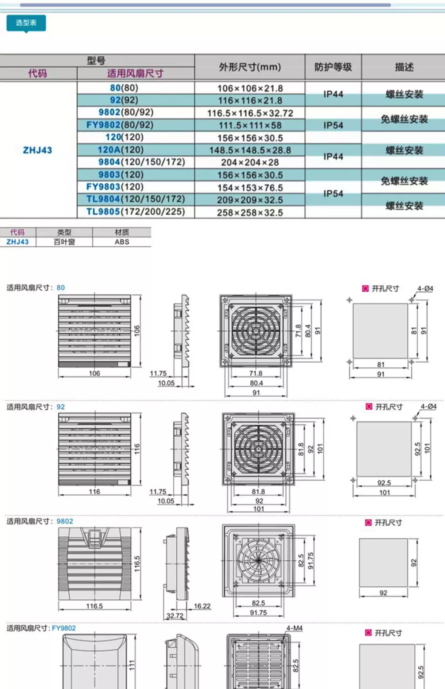 怡合達風扇配件百葉窗ZHJ43-120A ZHJ43-120 FY9802 9803 TL9804